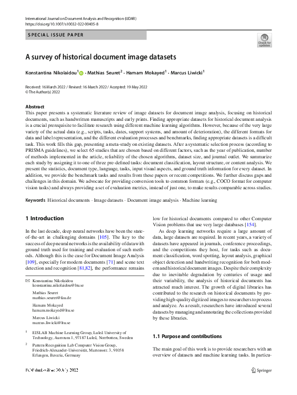 (PDF) A survey of historical document image datasets