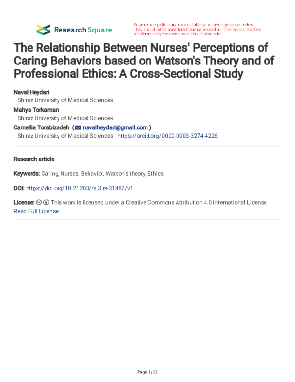 (PDF) The Relationship Between Nurses' Perceptions of Caring Behaviors based on Watson's Theory ...