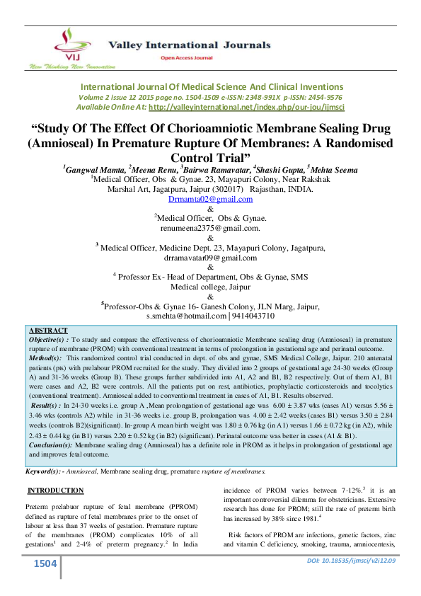 (PDF) Study Of The Effect Of Chorioamniotic Membrane Sealing Drug ...