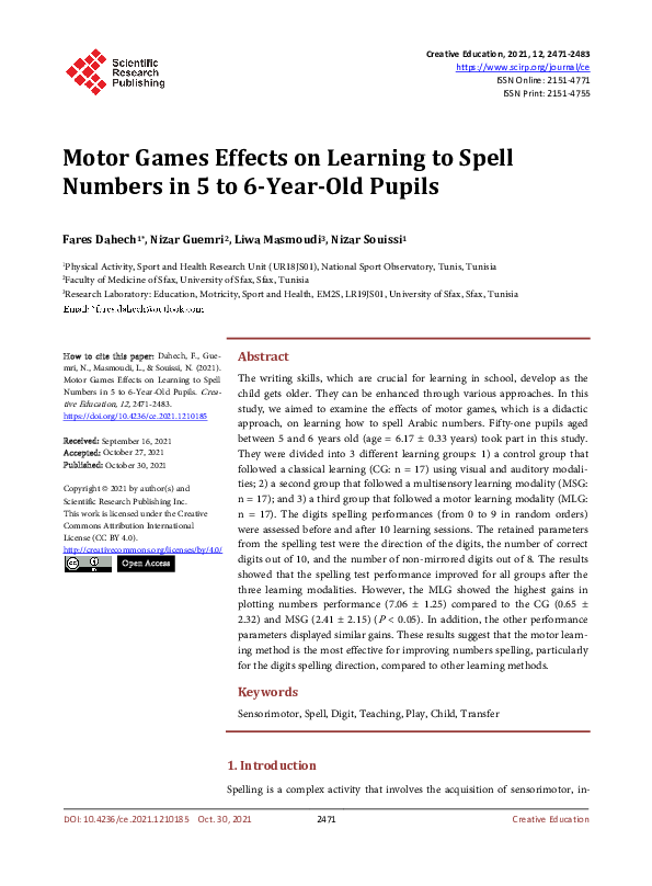 (PDF) Motor Games Effects on Learning to Spell Numbers in 5- to 6-Year ...