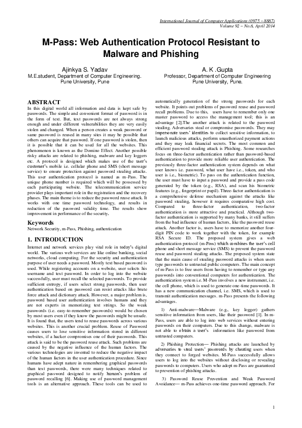 (PDF) M-Pass: Web Authentication Protocol Resistant to Malware and Phishing