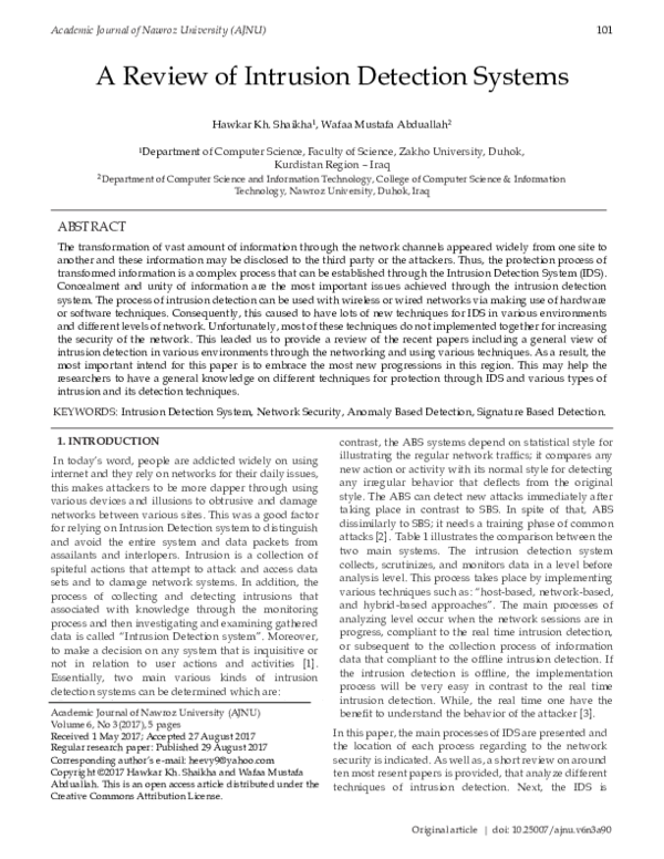 (PDF) A Review of Intrusion Detection Systems