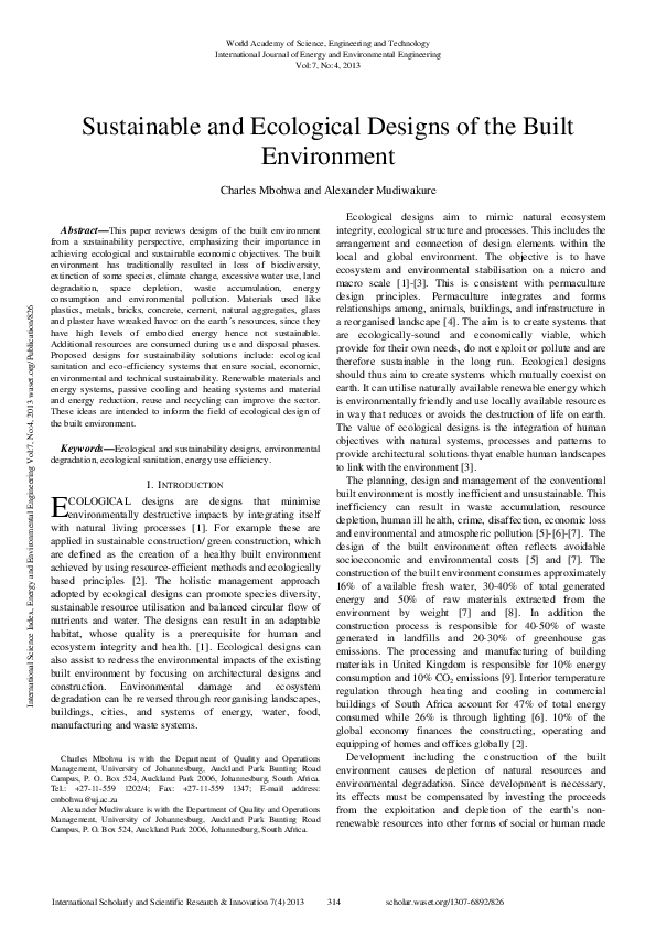 (PDF) Sustainable And Ecological Designs Of The Built Environment