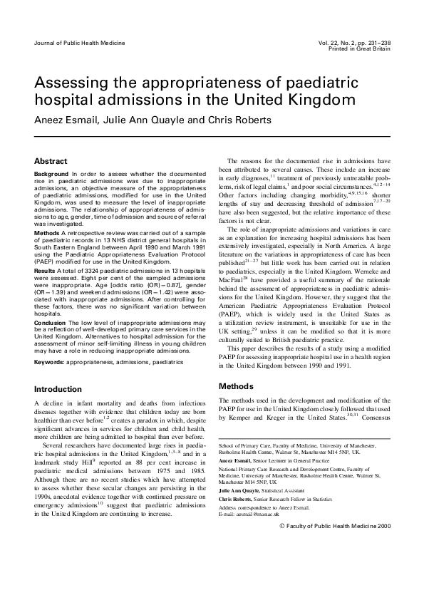 (PDF) Assessing the appropriateness of paediatric hospital admissions ...