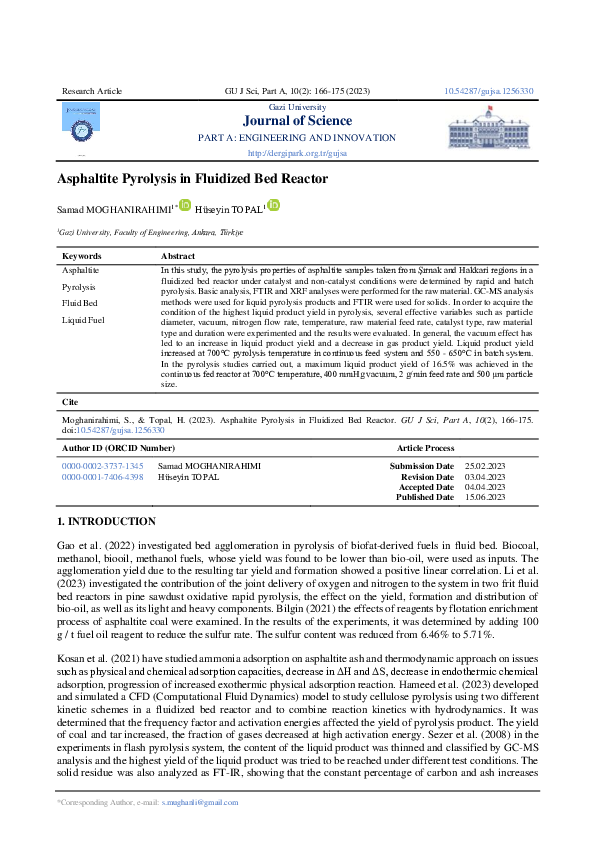(PDF) Asphaltite Pyrolysis in Fluidized Bed Reactor