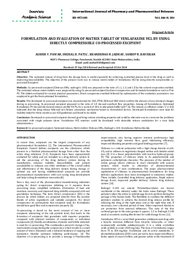 Formulation And Evaluation Of Matrix Tablet Of Venlafaxine Hcl By Using Directly Compressible Co