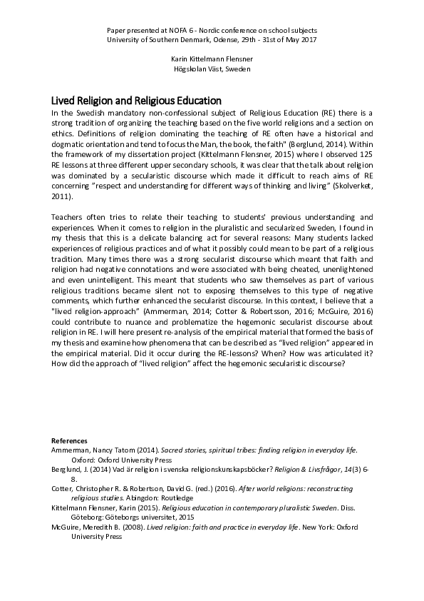 (PDF) Lived Religion and Religious Education