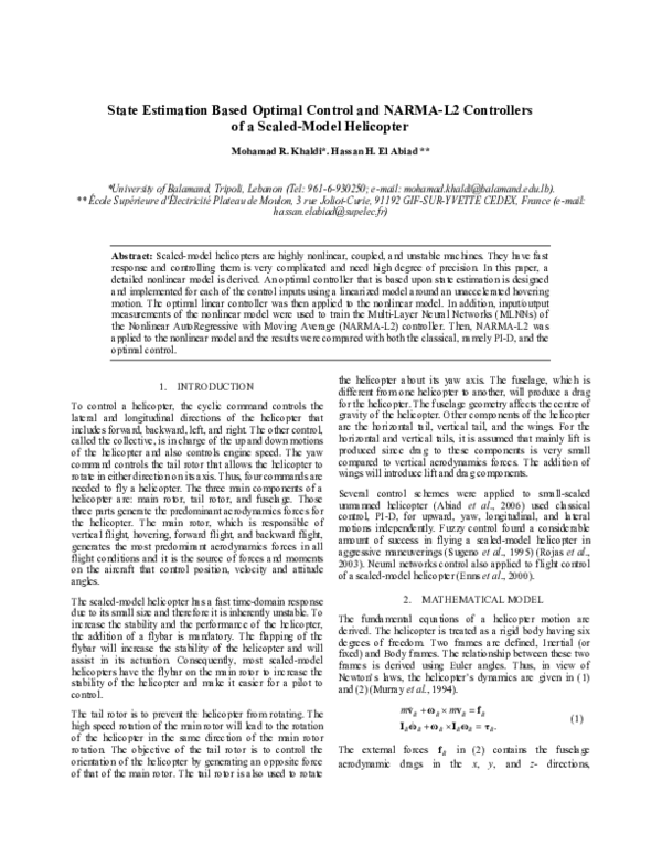 (PDF) State Estimation Based Optimal Control and NARMA-L2 Controllers of a Scaled-Model ...
