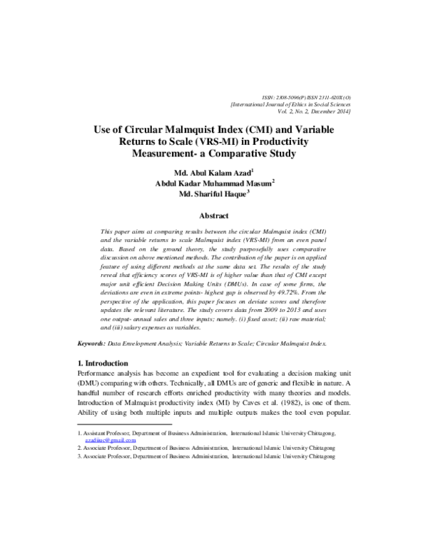 Pdf Use Of Circular Malmquist Index Cmi And Variable Returns To