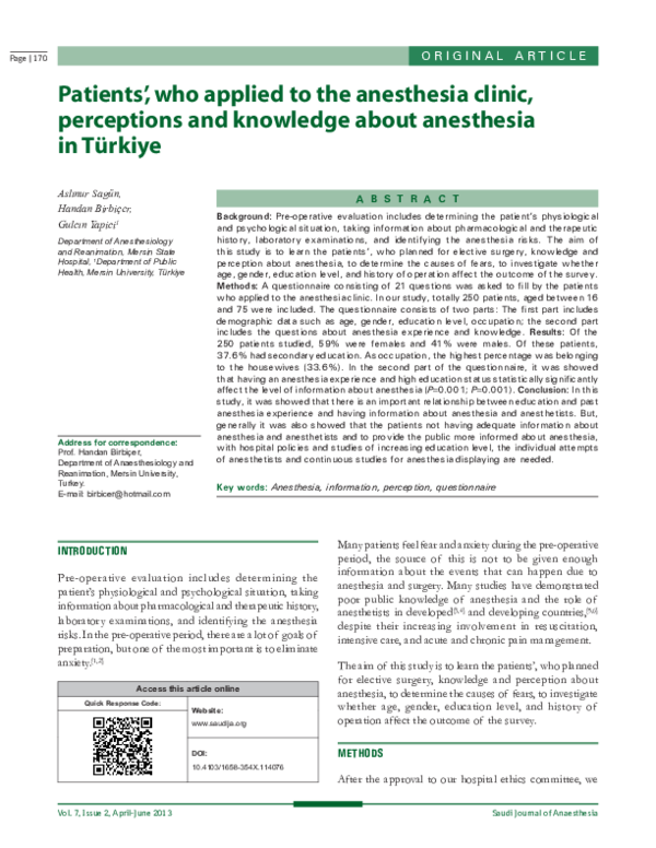 Pdf Patients Who Applied To The Anesthesia Clinic Perceptions And