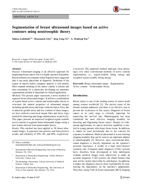 (PDF) Segmentation of breast ultrasound images based on active contours using neutrosophic theory