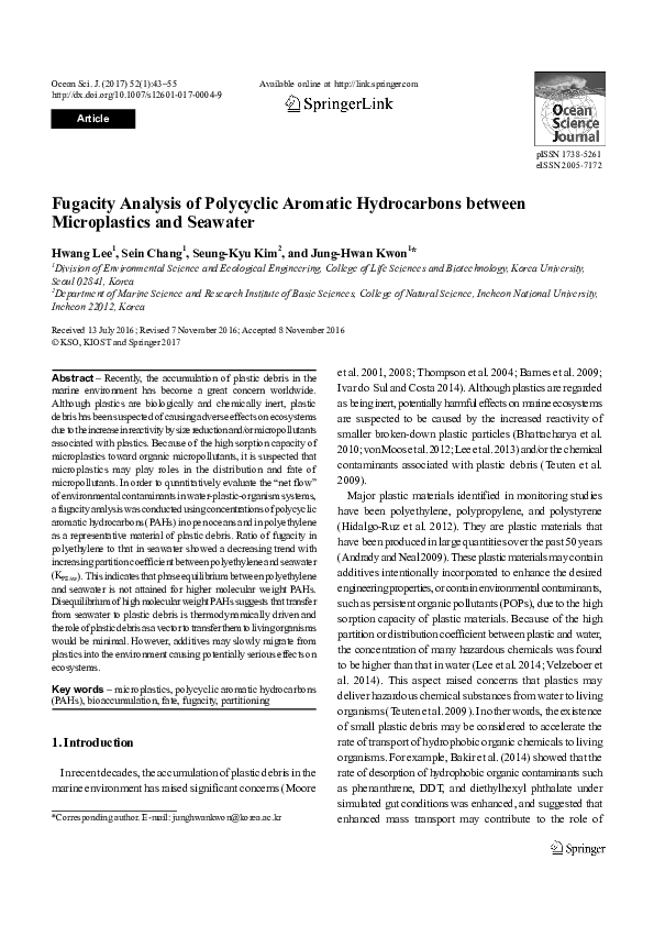 (PDF) Fugacity analysis of polycyclic aromatic hydrocarbons between microplastics and seawater