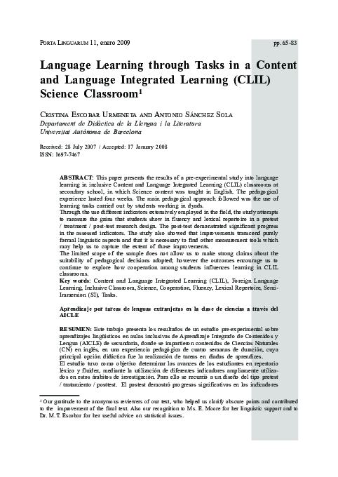 (PDF) Language learning through tasks in a CLIL Science classroom