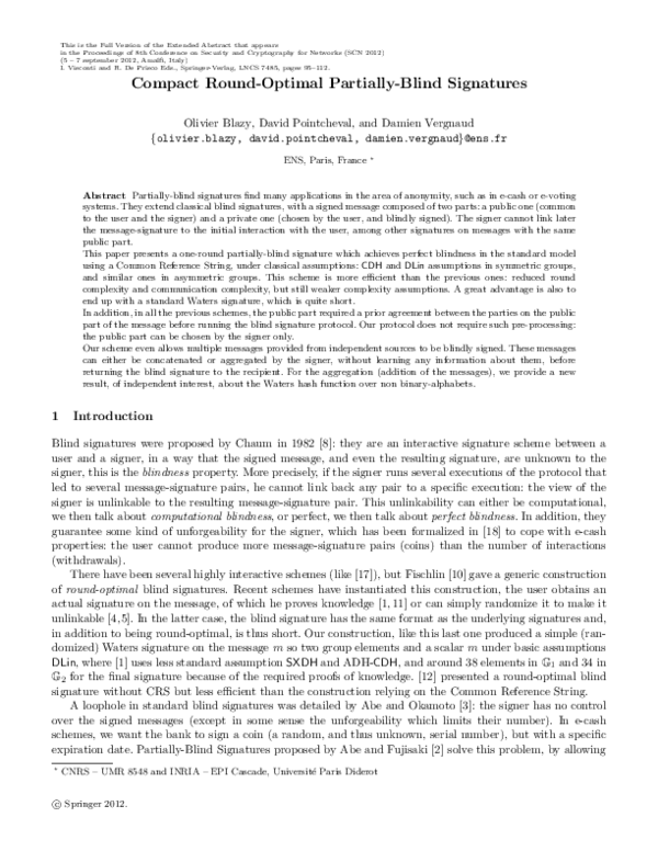 (PDF) Compact Round-Optimal Partially-Blind Signatures
