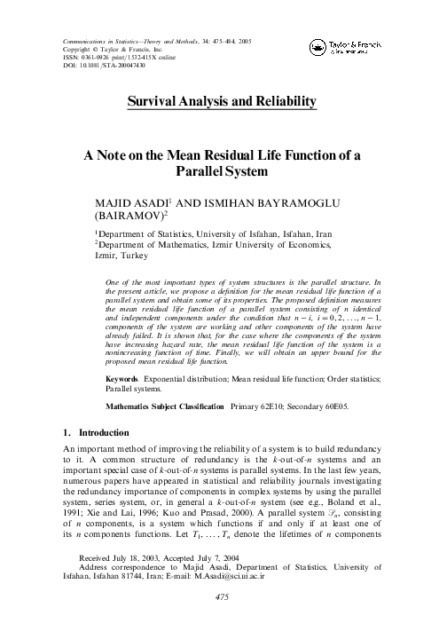 (PDF) A Note on the Mean Residual Life Function of a Parallel System