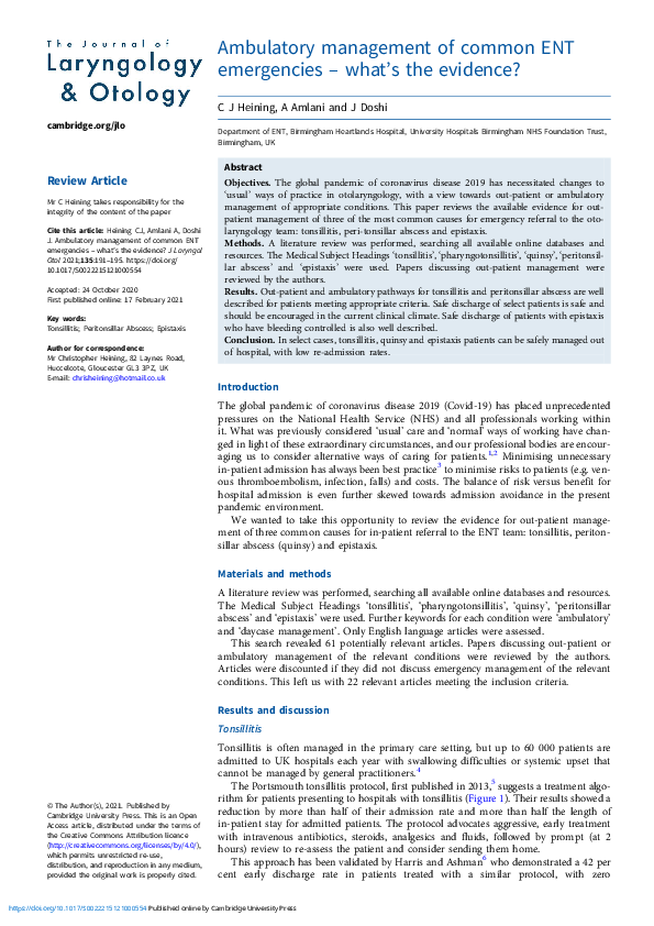 (PDF) Ambulatory management of common ENT emergencies – what's the evidence?