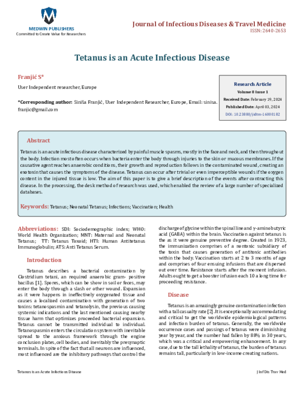 (PDF) Tetanus is an Acute Infectious Disease