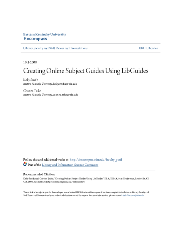 (PDF) Encompass Creating Online Subject Guides Using LibGuides