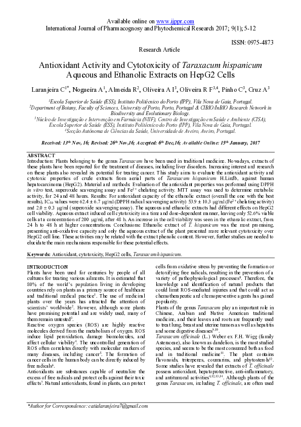 (PDF) Antioxidant Activity and Cytotoxicity of Taraxacum Hispanicum Aqueous and Ethanolic ...