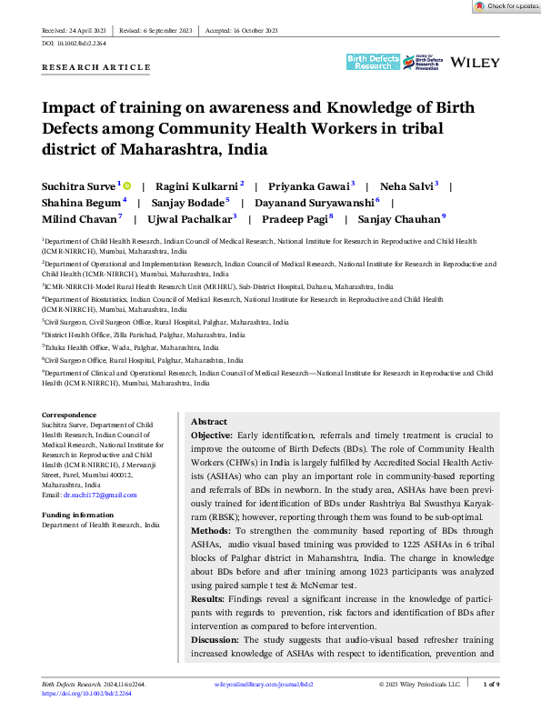 (PDF) Impact of training on awareness and Knowledge of Birth Defects ...