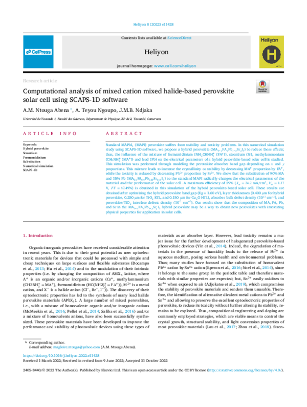 Pdf Computational Analysis Of Mixed Cation Mixed Halide Based Perovskite Solar Cell Using