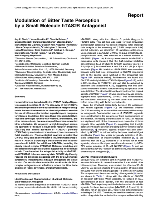 (PDF) Modulation of Bitter Taste Perception by a Small Molecule hTAS2R ...