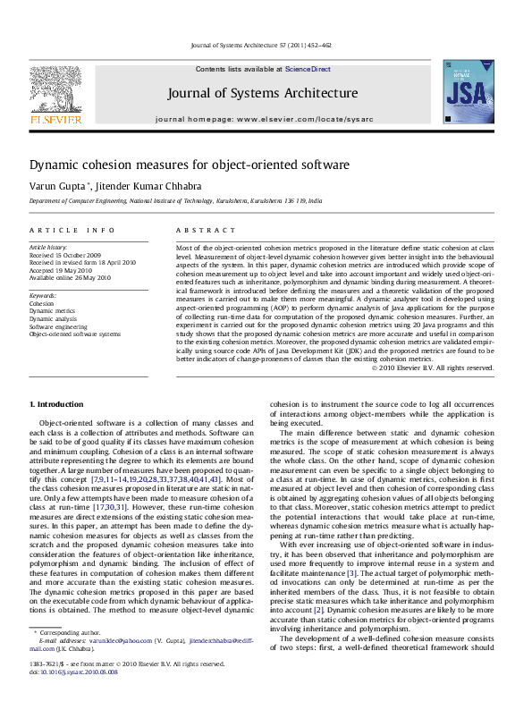 Pdf Dynamic Cohesion Measures For Object Oriented Software