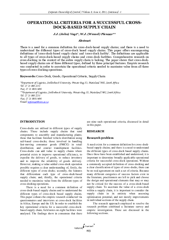 (PDF) Operational Criteria for a Successful Cross-Dock-Based Supply Chain
