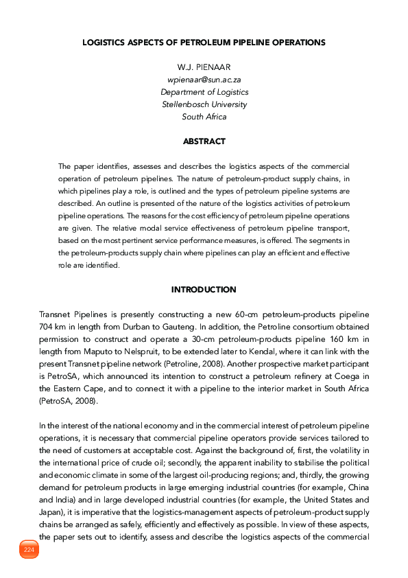 (PDF) Logistics aspects of petroleum pipeline operations