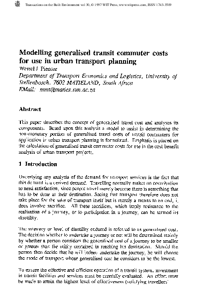 (PDF) Modelling generalised transit commuter costs for use in urban ...