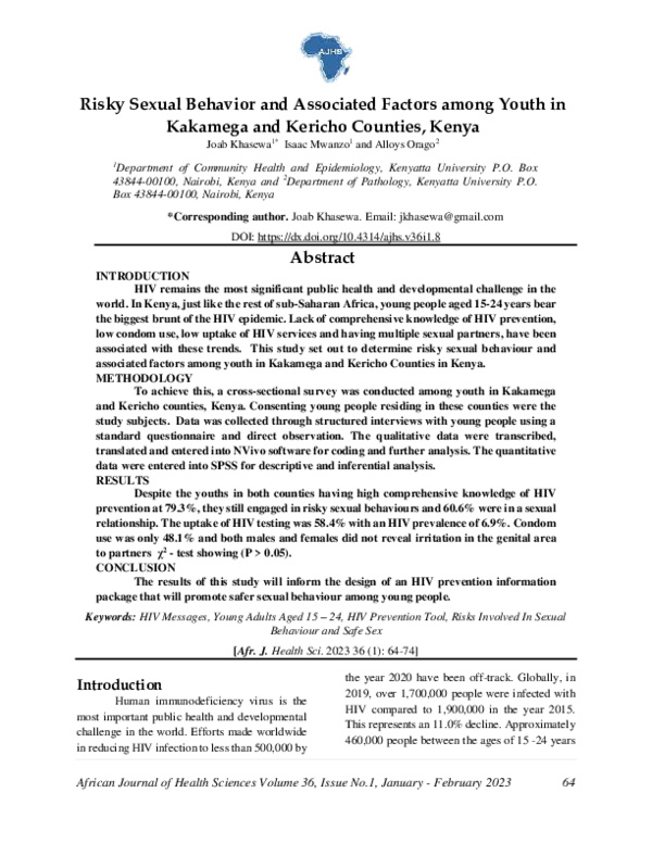 Pdf Risky Sexual Behavior And Associated Factors Among Youth In 6469