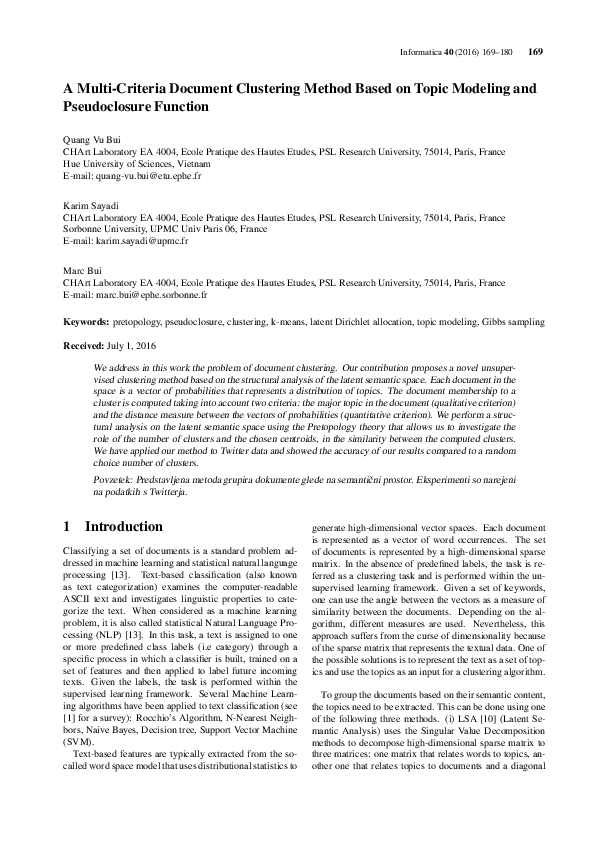(PDF) A multi-criteria document clustering method based on topic modeling and pseudoclosure function