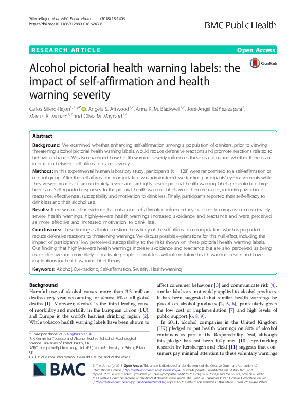 (PDF) Alcohol pictorial health warning labels: the impact of self ...