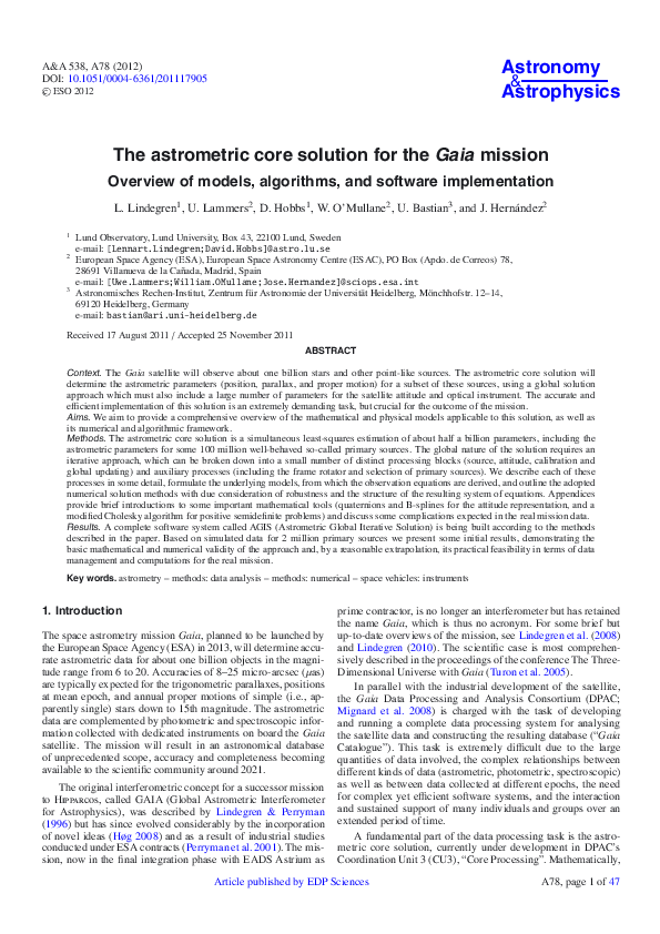 (PDF) The astrometric core solution for theGaiamission