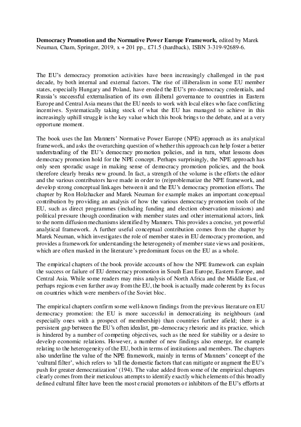 (PDF) Democracy promotion and the normative power Europe framework: the ...