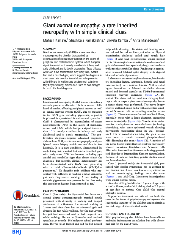 (PDF) Giant axonal neuropathy: a rare inherited neuropathy with simple ...