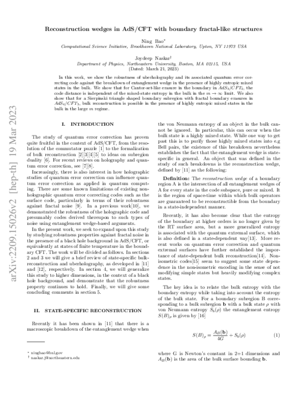 (PDF) Reconstruction wedges in $AdS/CFT$ with boundary fractallike structures