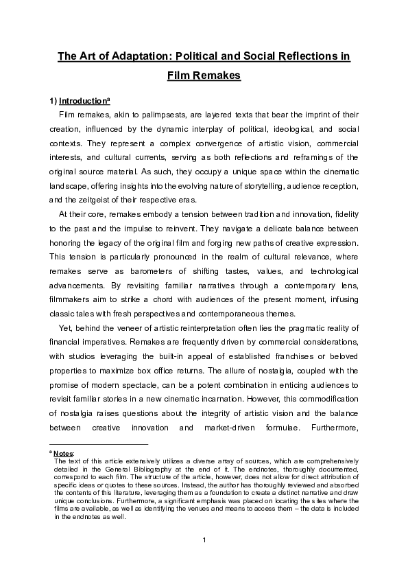 (PDF) The Art of Adaptation: Political and Social Reflections in Film Remakes