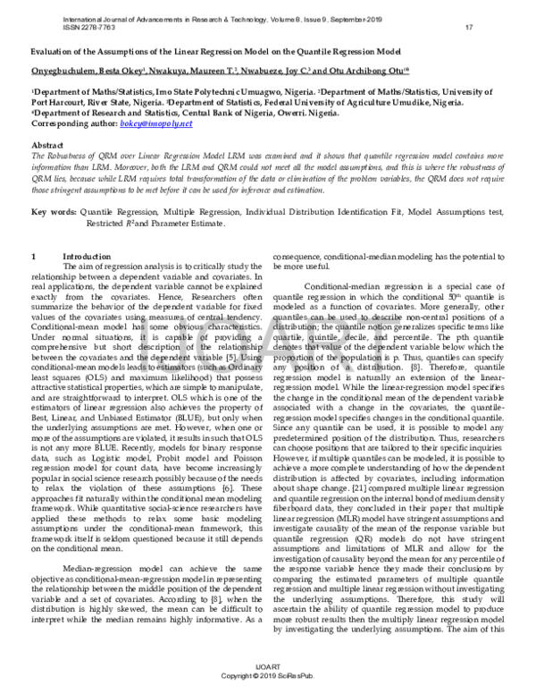 (PDF) Evaluation of the Assumptions of the Linear Regression Model on the Quantile Regression Model