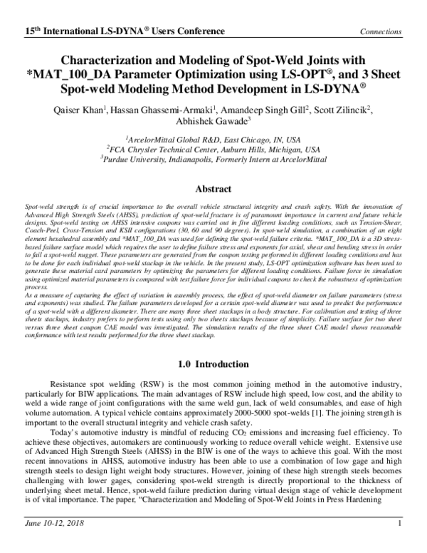 (PDF) Characterization and Modeling of Spot-Weld Joints with * MAT _ 100 _ DA Parameter ...