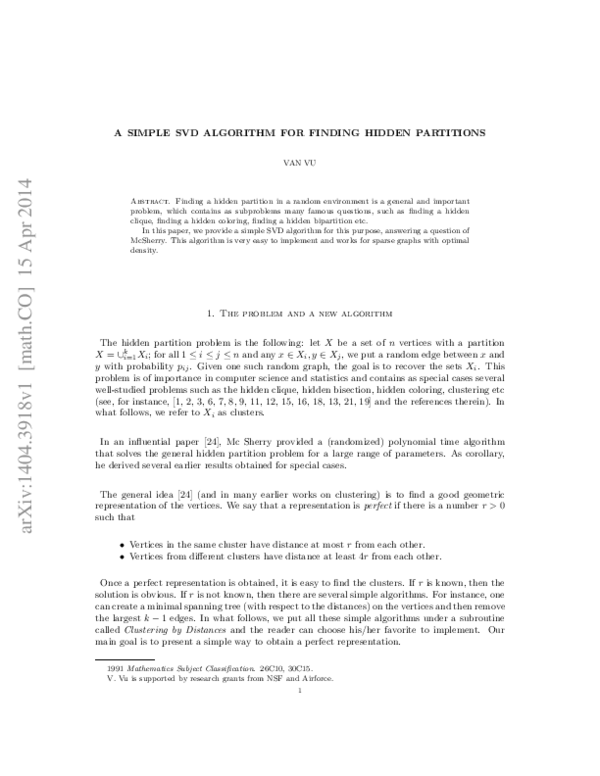 (PDF) A Simple SVD Algorithm for Finding Hidden Partitions