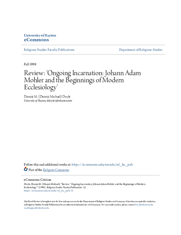 (PDF) Review of "Ongoing Incarnation: Johann Adam Mohler and the ...