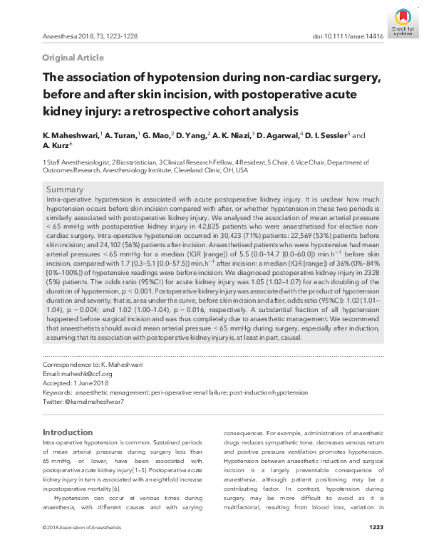 (PDF) The association of hypotension during non‐cardiac surgery, before ...