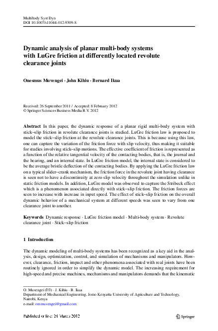 (PDF) Dynamic analysis of planar multi-body systems with LuGre friction at differently located ...