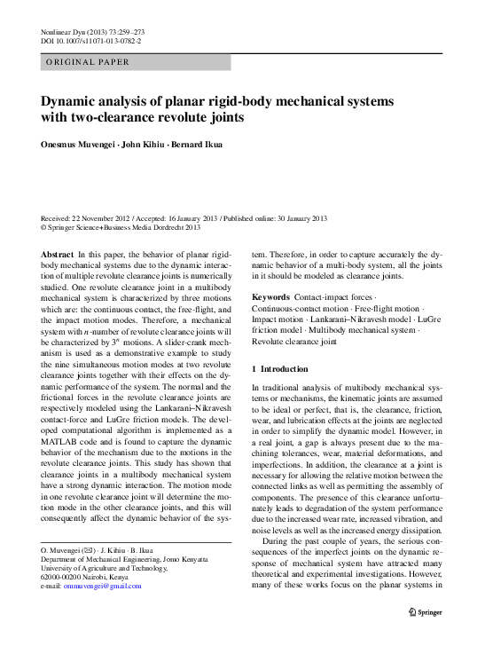 (PDF) Dynamic analysis of planar rigid-body mechanical systems with two ...