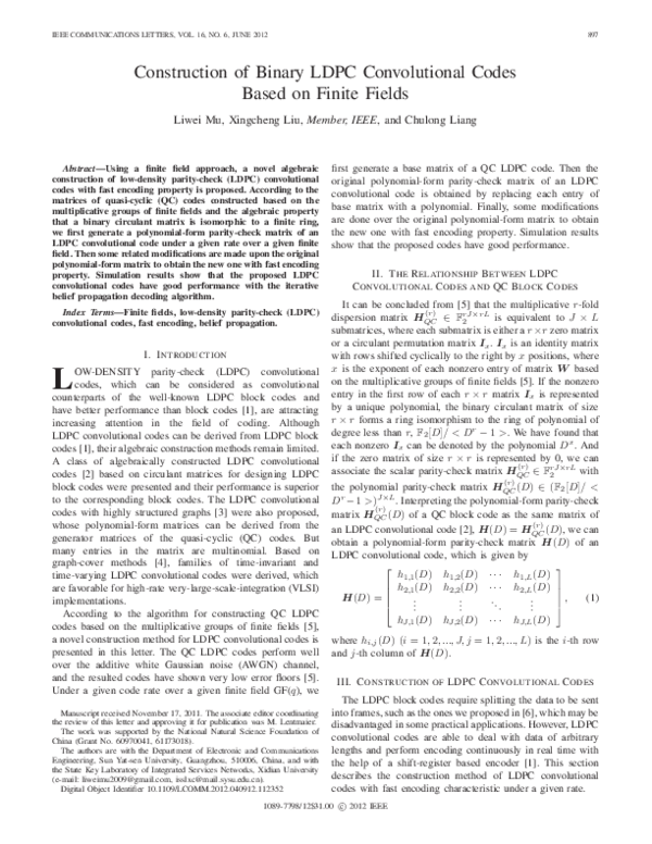 (PDF) Construction of Binary LDPC Convolutional Codes Based on Finite Fields