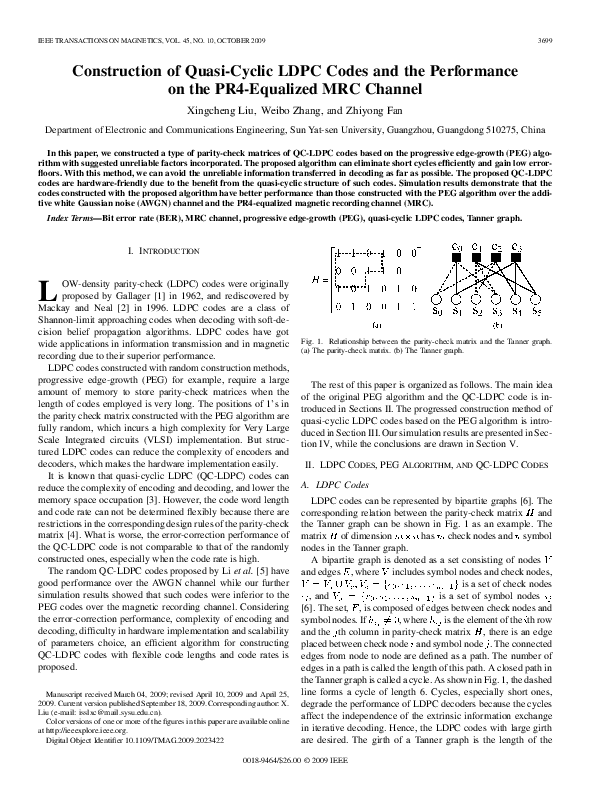 (PDF) Construction of Quasi-Cyclic LDPC Codes and the Performance on the PR4-Equalized MRC Channel