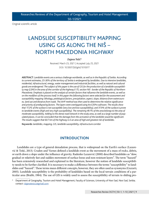 (PDF) Landslide susceptibility mapping using GIS along the Niš-North Macedonia highway