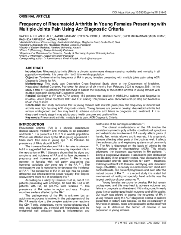 (PDF) Frequency of Rheumatoid Arthritis in Young Females Presenting with Multiple Joints Pain ...
