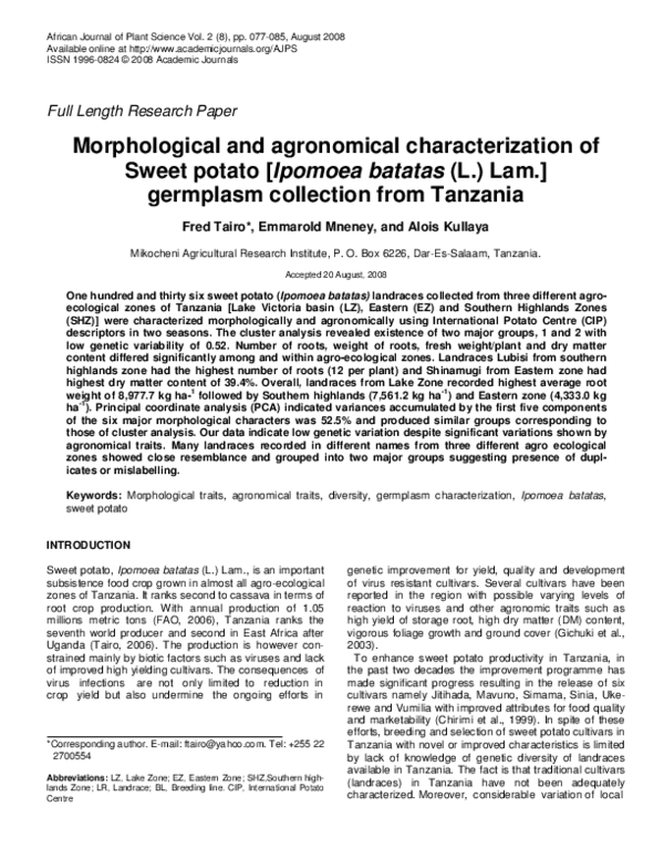 (PDF) Morphological and agronomical characterization of sweet potato [Ipomoea batatas (L.) Lam ...